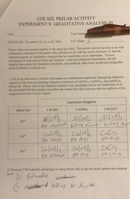 Solved CHE 112 L PRELAB ACTIVITY EXPERIMENT 9 QUALITATIVE | Chegg.com