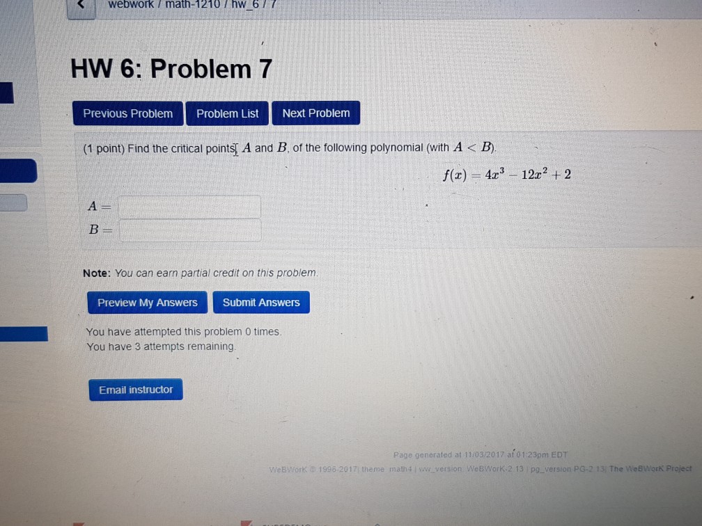 Solved webwork / math-1210 7 hw 67 HW 6: Problem7 Previous | Chegg.com
