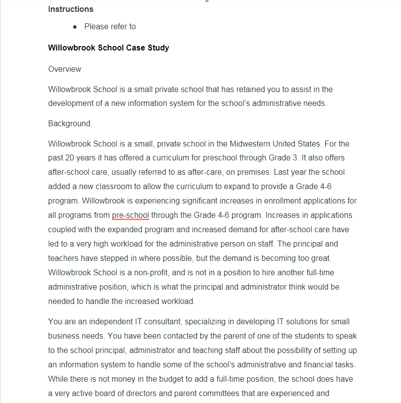 Solved Instructions Please refer to Willowbrook School Case | Chegg.com