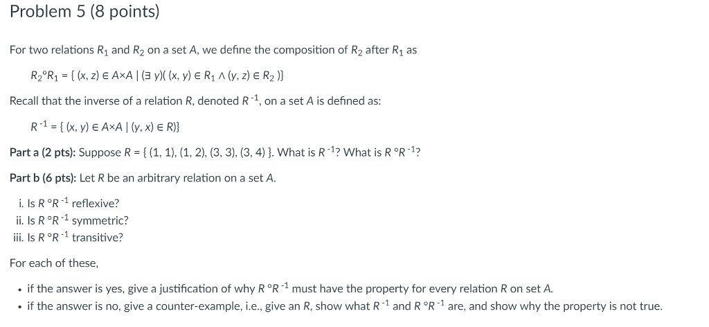 Solved Problem 5 (8 points) For two relations R1 and R2 on a | Chegg.com