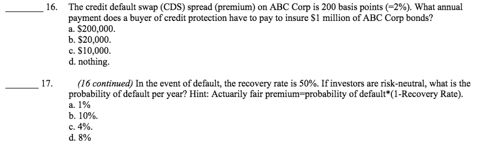 Solved 16. The credit default swap (CDS) spread (premium) on | Chegg.com