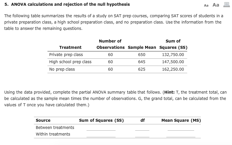 Solved 5. ANOVA calculations and rejection of the null | Chegg.com