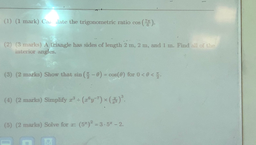 Solved (1) (1 mark) Cau late the trigonometric ratio cos() 6 | Chegg.com