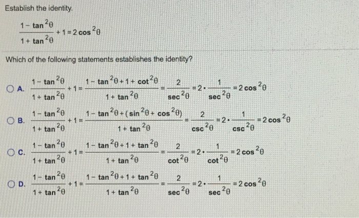 Solved Establish the identity. 1 - tan^2 theta/1 + tan^2 | Chegg.com