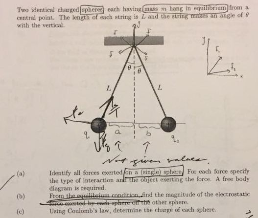 Solved Two identical charged spheres having a mass m hang in | Chegg.com