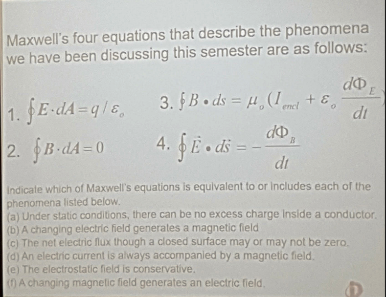 Maxwell's four equations that describe the phenomena | Chegg.com