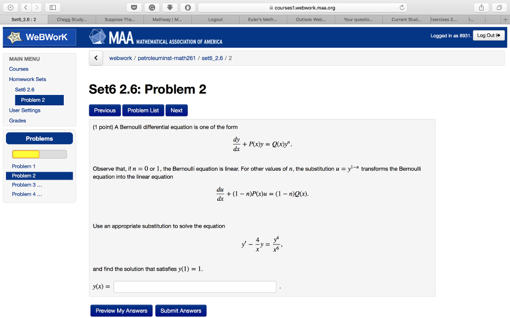 Solved A Bernoulli differential equation is one of the form | Chegg.com