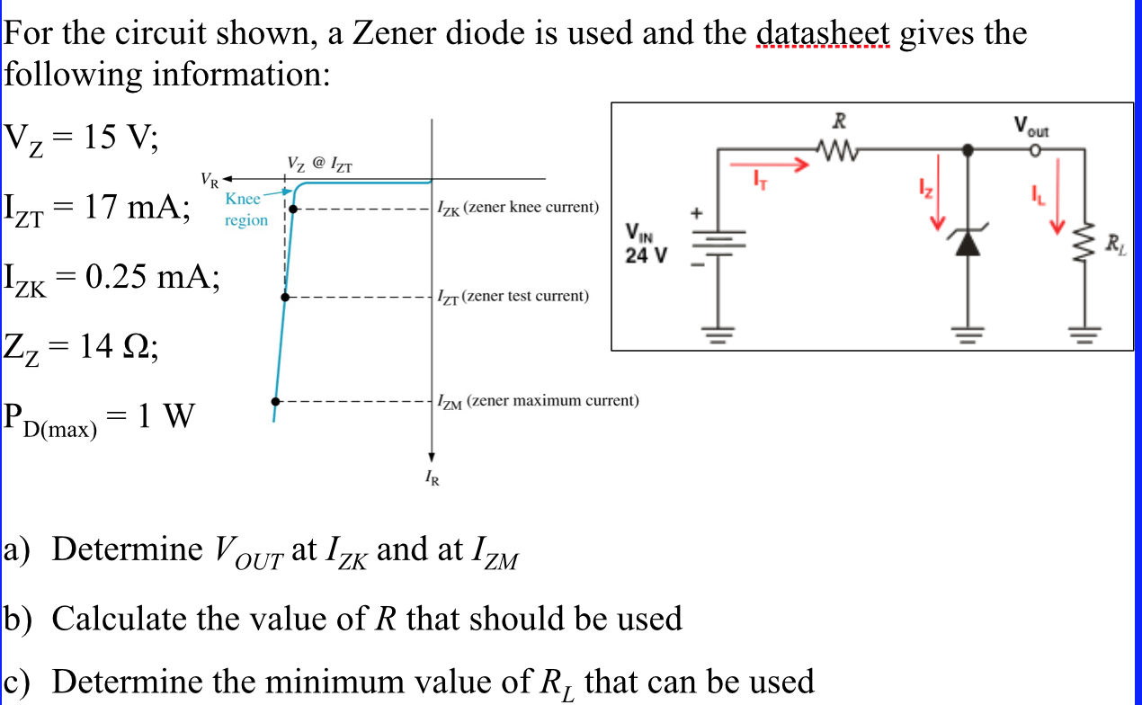 Solved For the circuit shown, a Zener diode is used and the | Chegg.com