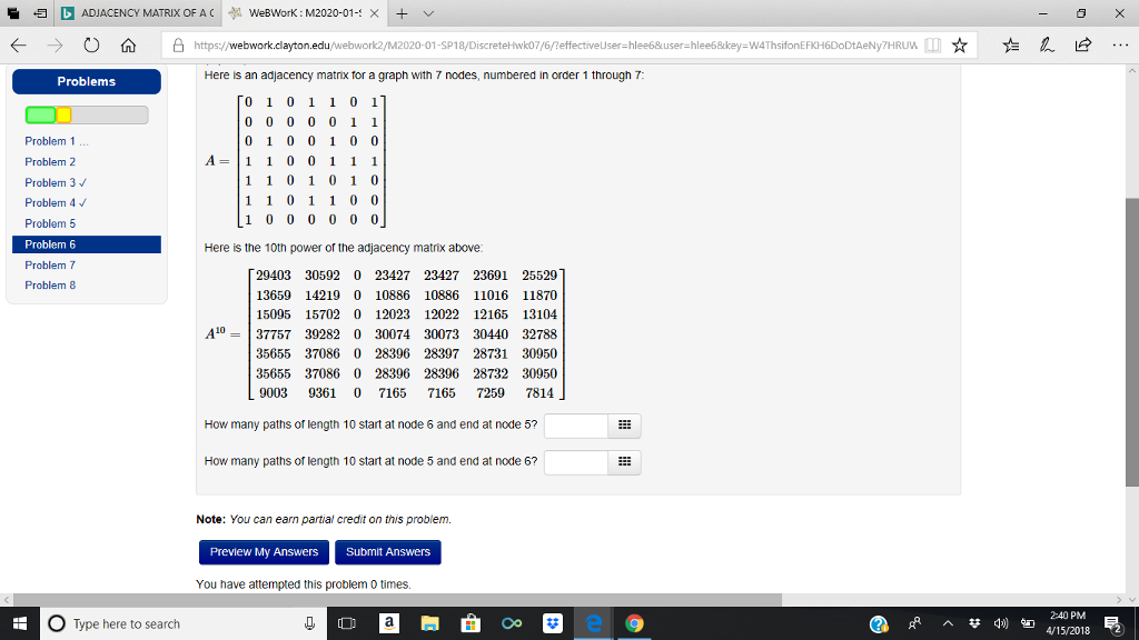Solved ? " ADJACENCY MATRIX OF A ( gl WeBWorK : M2020-01-1 + | Chegg.com