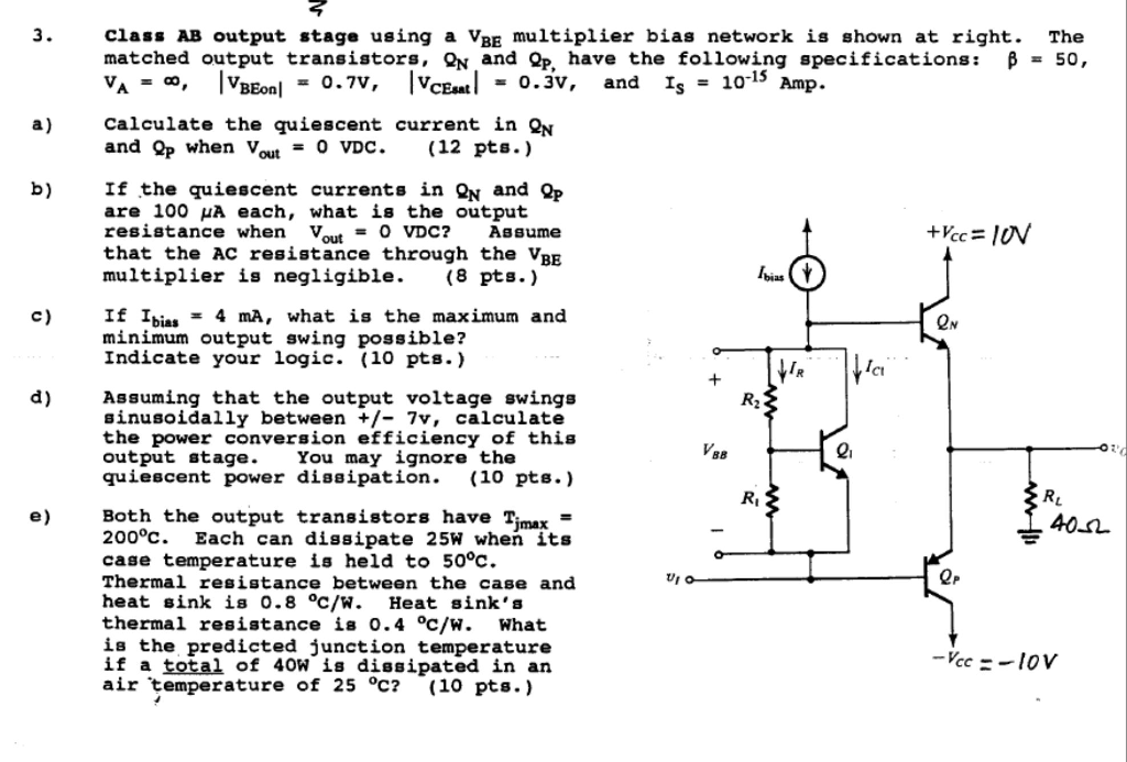 Class AB output stags using a V_BE multiplier bias | Chegg.com