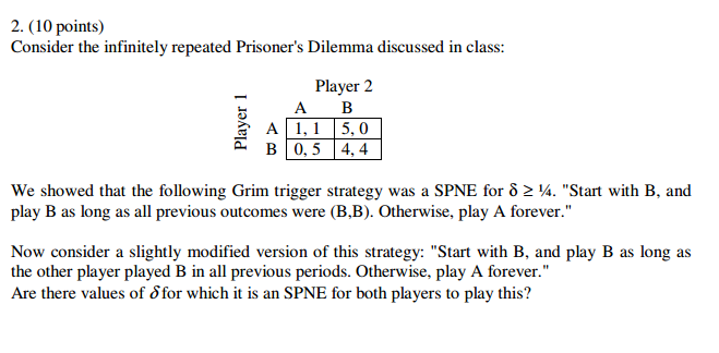 Solved 2. (10 points) Consider the infinitely repeated | Chegg.com