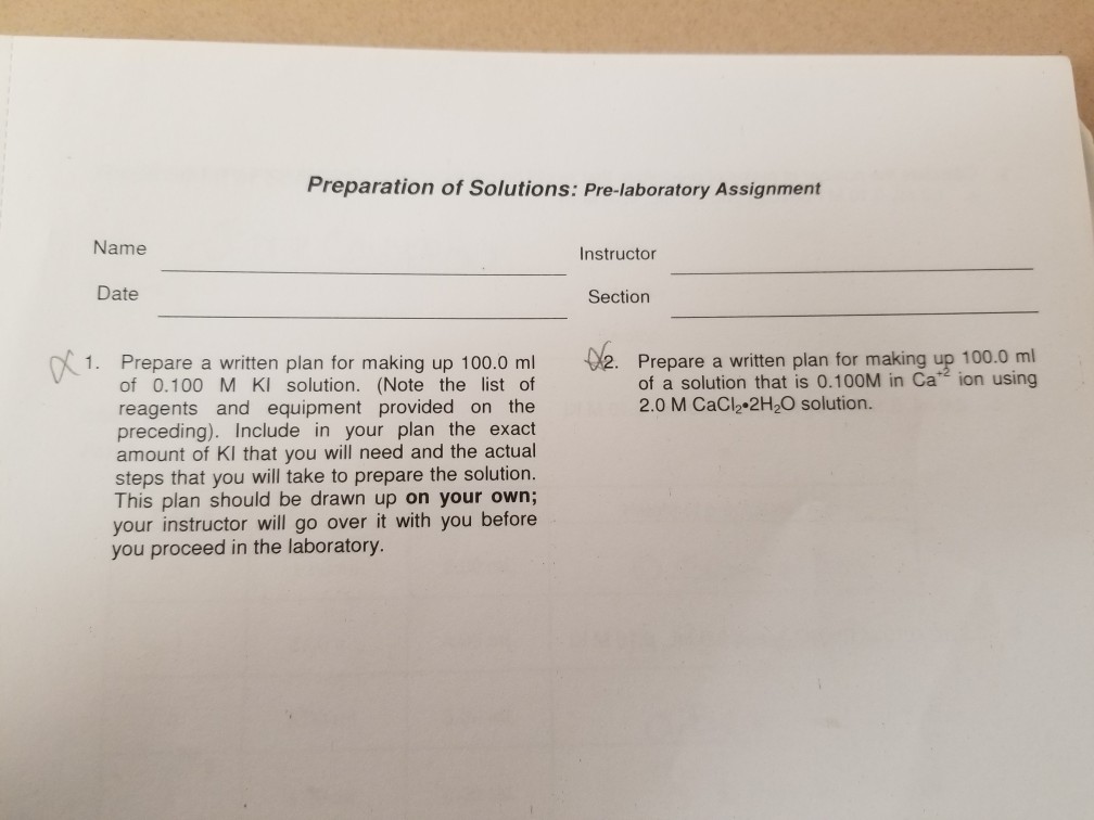 Solved Preparation of Solutions: Pre-laboratory Assignment | Chegg.com
