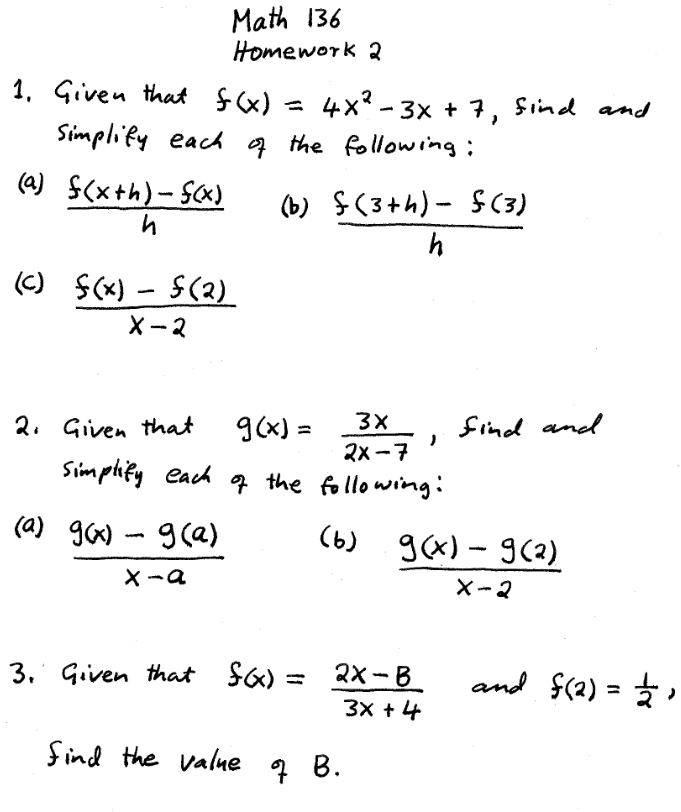 Solved Math 136 Homework 2 1. Given thad f(x)= 4x2-3x + 7, | Chegg.com