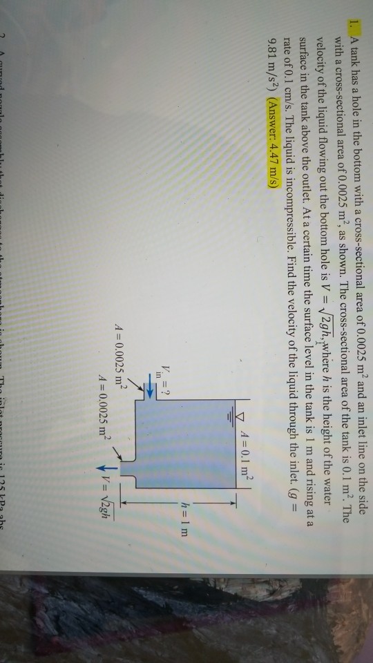 Solved 1. A tank has a hole in the bottom with a | Chegg.com