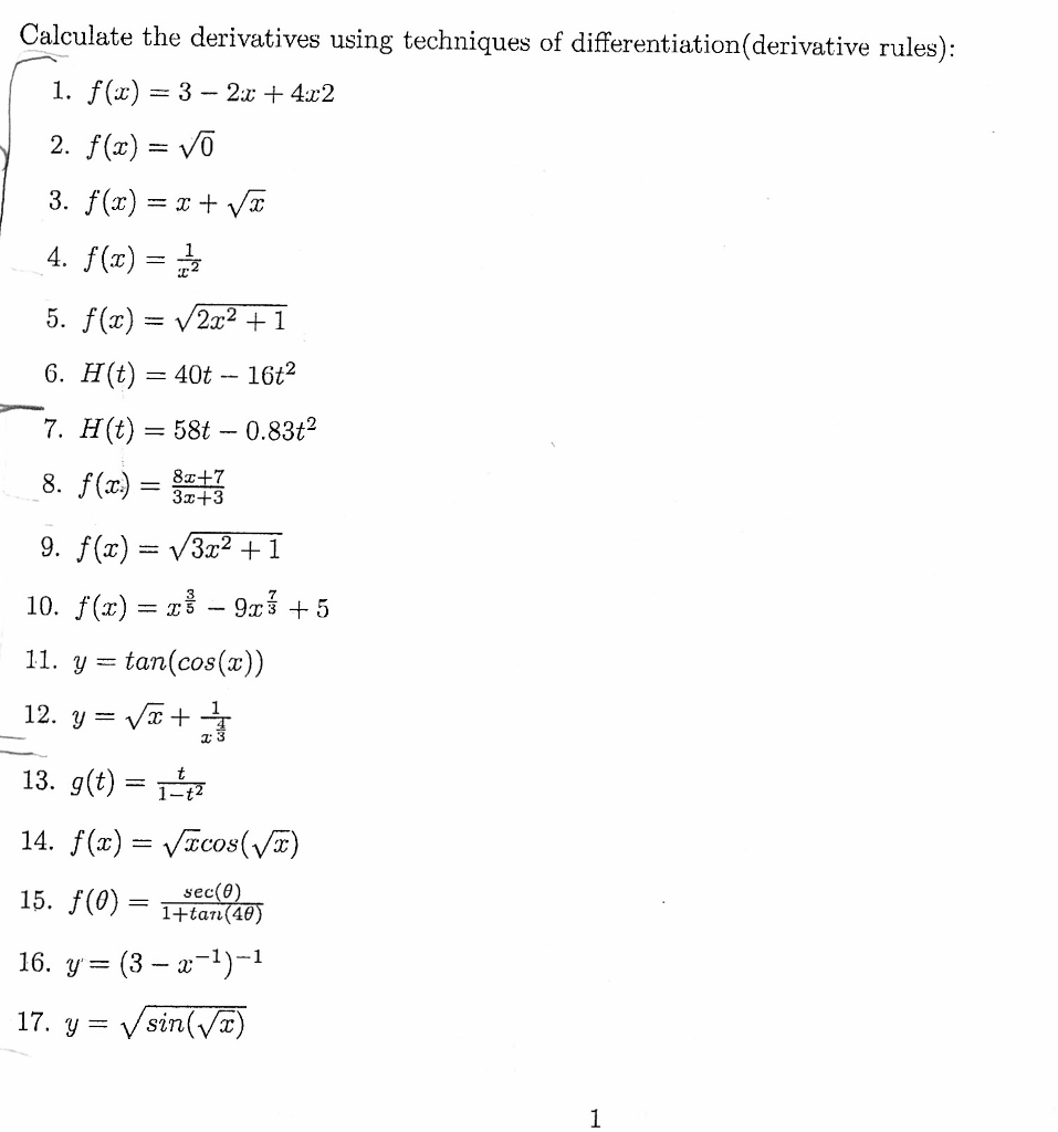 Solved Calculate the derivatives using techniques of | Chegg.com