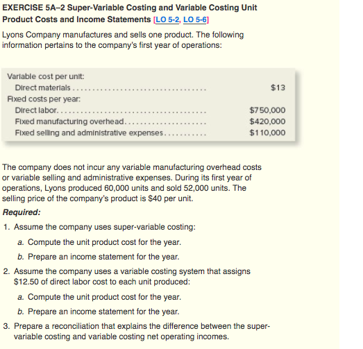 Solved EXERCISE 5A-2 Super-Variable Costing and Variable | Chegg.com