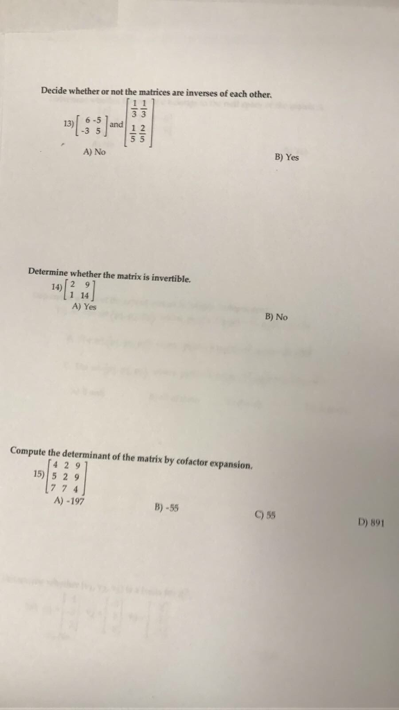 Solved Decide whether or not the matrices are inverses of | Chegg.com