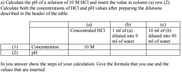 Solved Calculate the pH of a solution of 10 M HCl and insert | Chegg.com