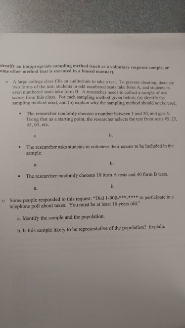 Solved Identify an inappropriate sampling method (such as a | Chegg.com