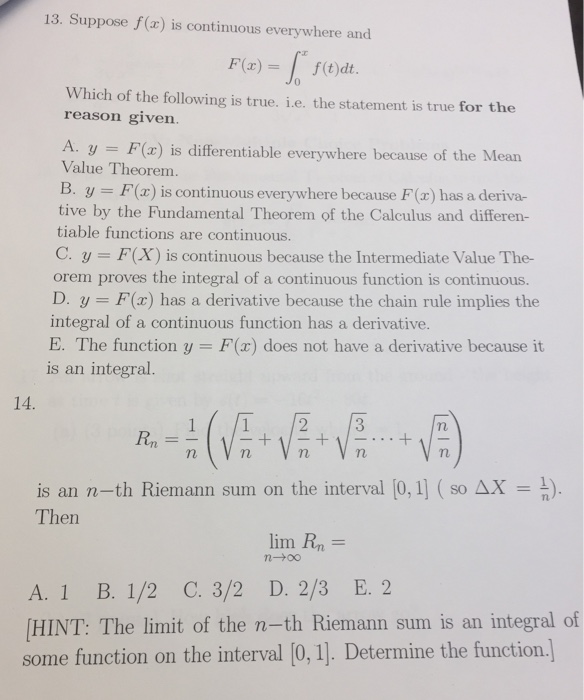 Solved Suppose f(x) is continuous everywhere and F(x) = | Chegg.com