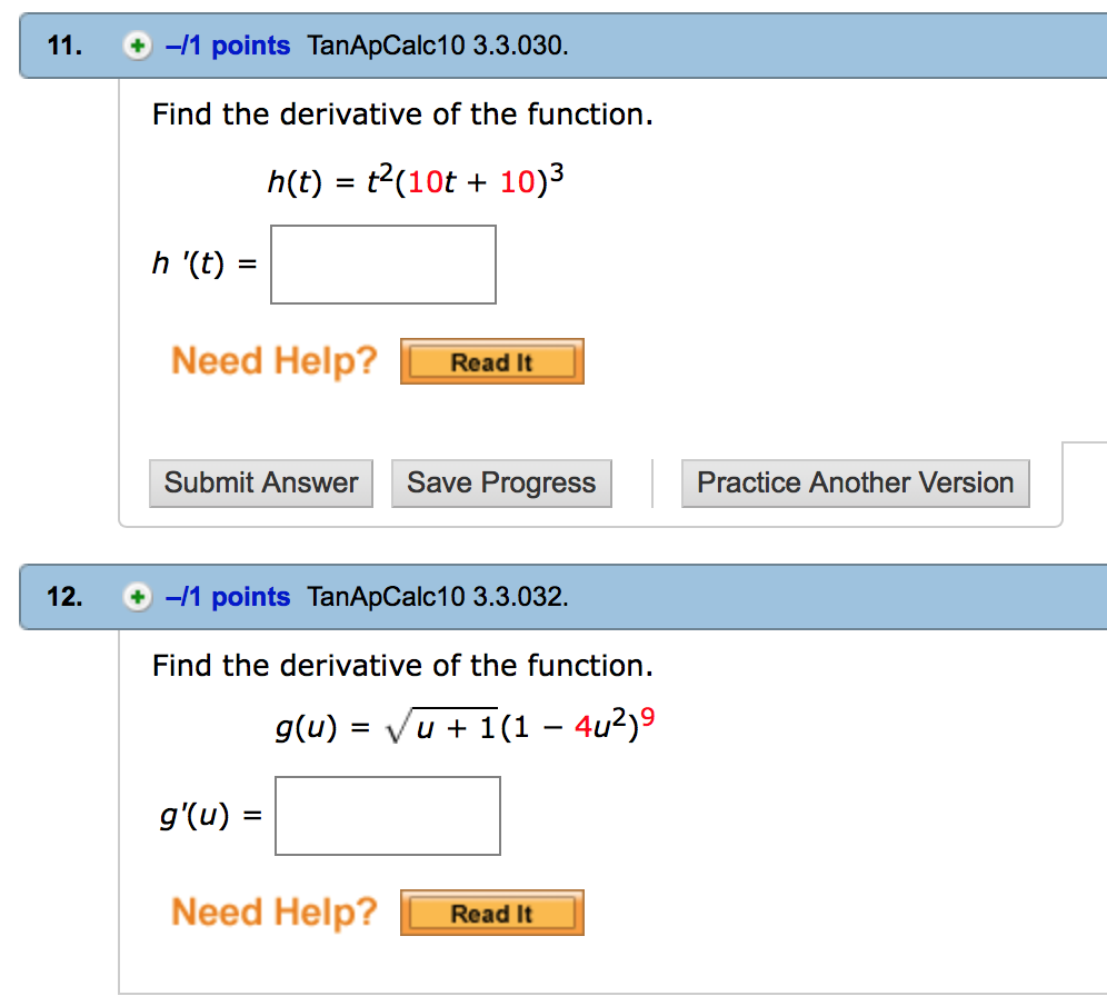Solved 11. -/1 points TanApCalc10 3.3.030. Find the | Chegg.com