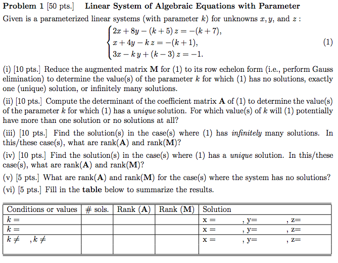 Solved Linear System of Algebraic Equations with Parameter | Chegg.com
