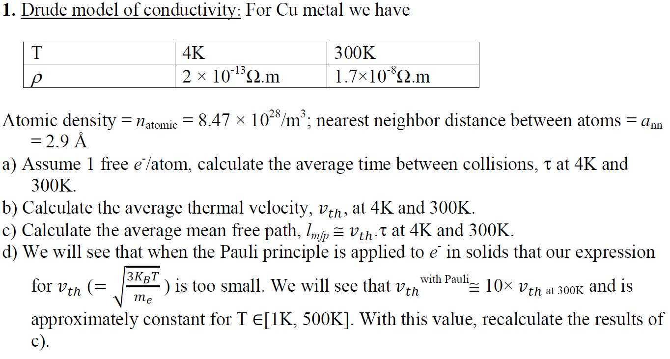 Solved Drude model of conductivity: For Cu metal we have | Chegg.com