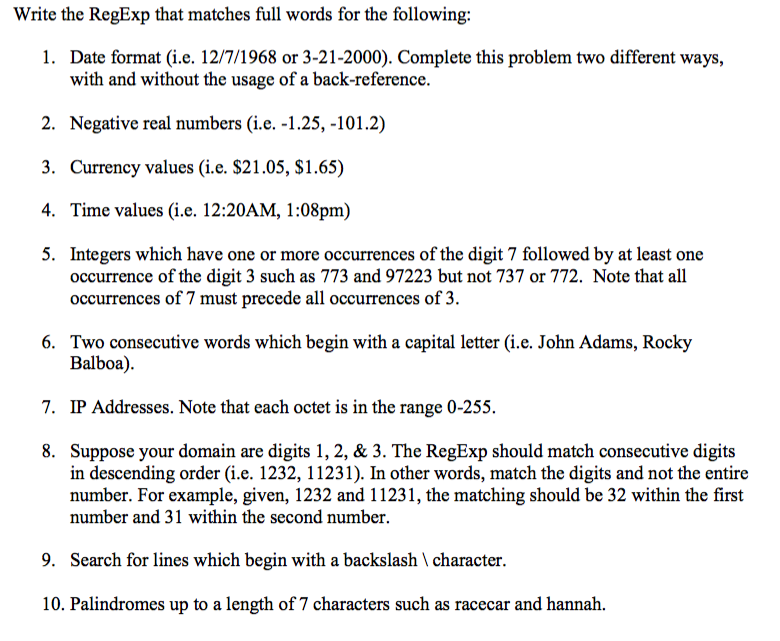 Solved Write the RegExp that matches full words for the | Chegg.com
