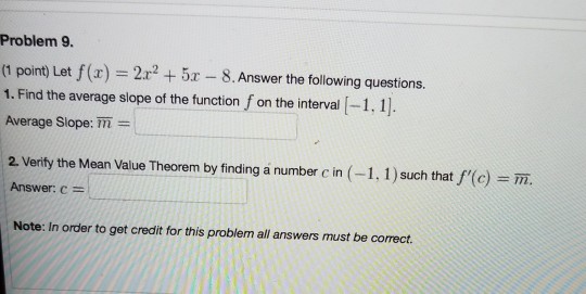 Solved Problem 9 (1 point) Let f (x) 2r2 5 -8.Answer the | Chegg.com