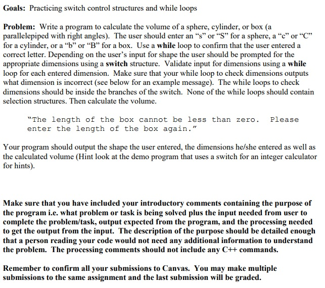 Solved Goals: Practicing switch control structures and while | Chegg.com