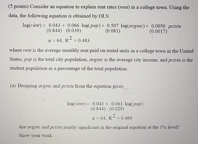 Solved Consider an equation to explain rent rates (rent) in | Chegg.com