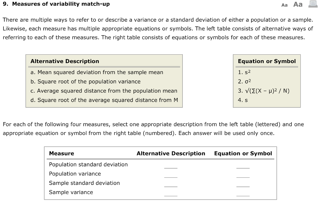 Solved 9. Measures of variability match-up Aa Aa旦 There are | Chegg.com