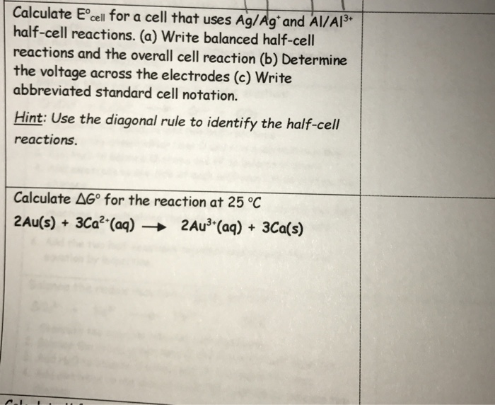 Solved Calculate E Degree Cell For A Cell That Uses Ag Ag