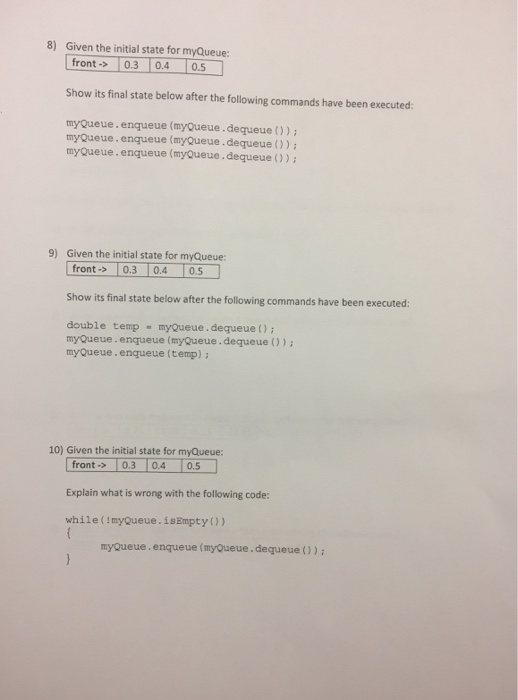 Solved Given the initial state for myQueue: Show its final | Chegg.com