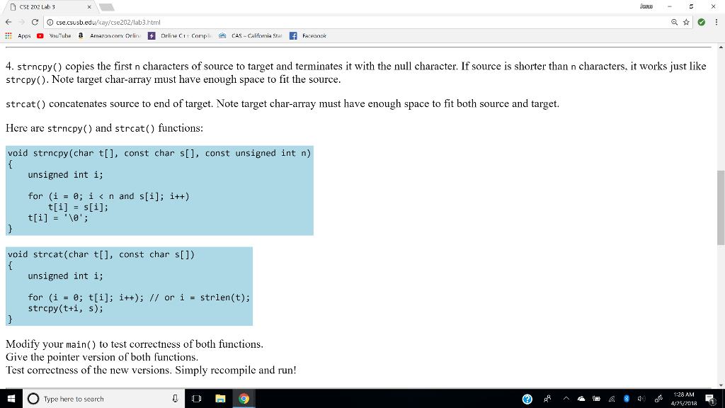 Solved CSE 202 Lab 3 4. strncpy() copies the first n | Chegg.com