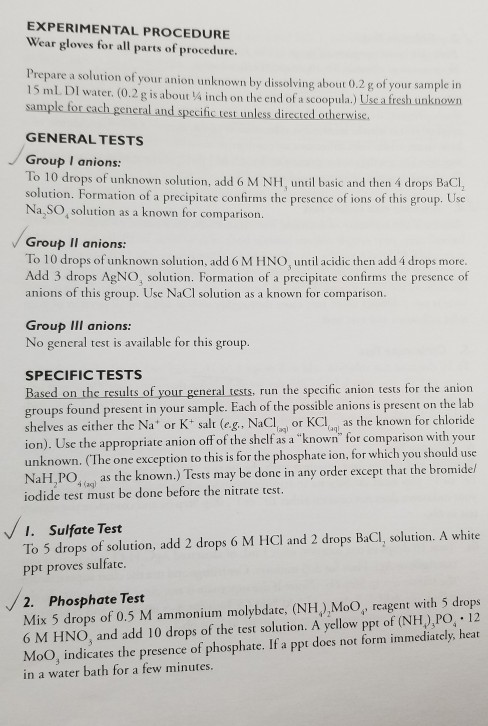 Solved EXPERIMENTAL PROCEDURE Wear gloves for all parts of | Chegg.com