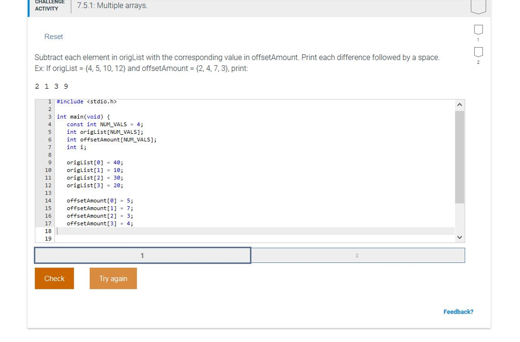 Solved ACTIVENGE 7.5.1: Multiple arrays Reset Subtract each | Chegg.com