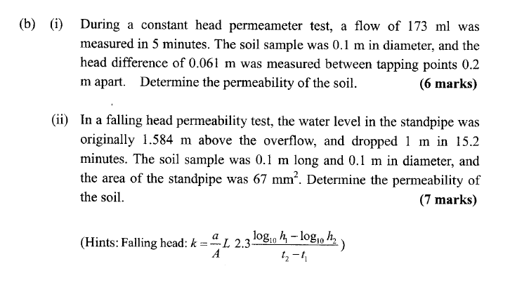 Solved During a constant head permeameter test, a flow of | Chegg.com
