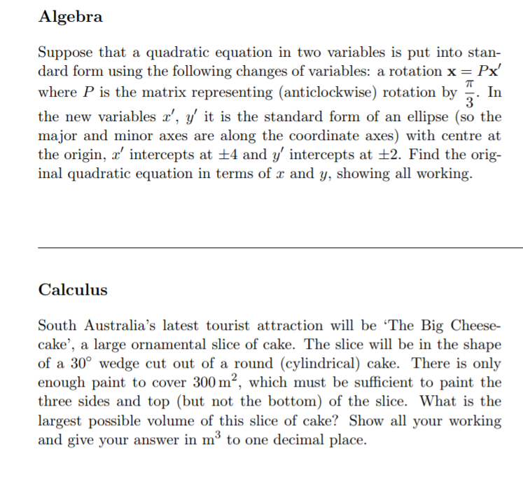 Solved Algebra Suppose that a quadratic equation in two | Chegg.com