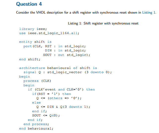 Solved Question 4 Consider the VHDL description for a shift | Chegg.com