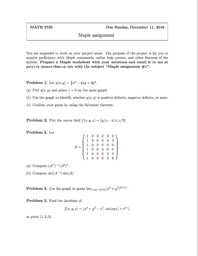 Solved Due Sunday, December 11 2016 MATH 2720 Maple | Chegg.com