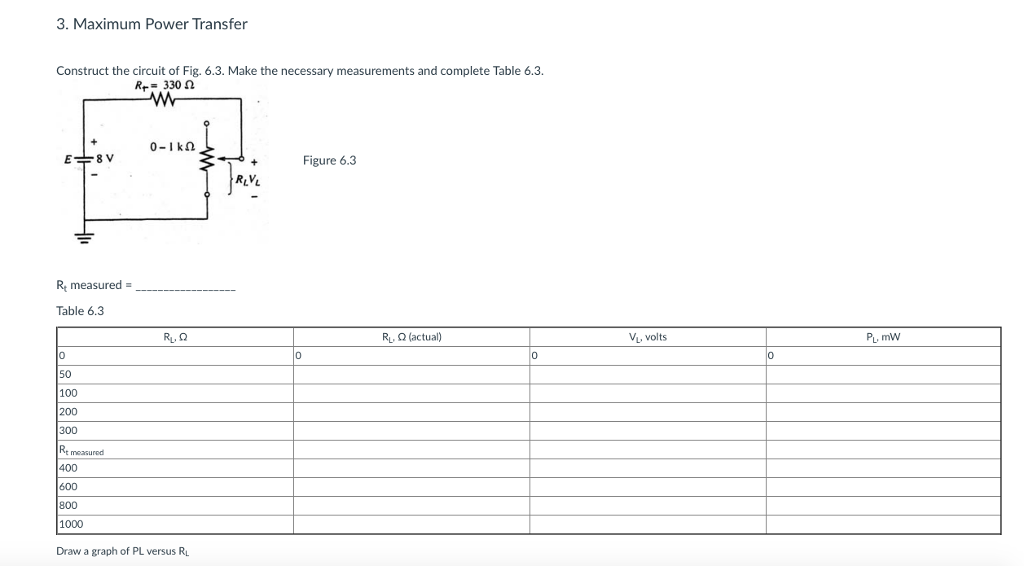 Solved 3. Maximum Power Transfer Construct the circuit of | Chegg.com