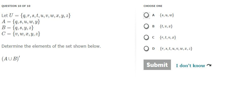 Solved Let U = {q, r, s, t, u, v, w, x, y, z} A = {q, s, u, | Chegg.com