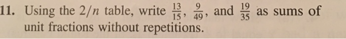 Solved Using the 2/n table, write 13/15, 9/49, and 19/35 as | Chegg.com