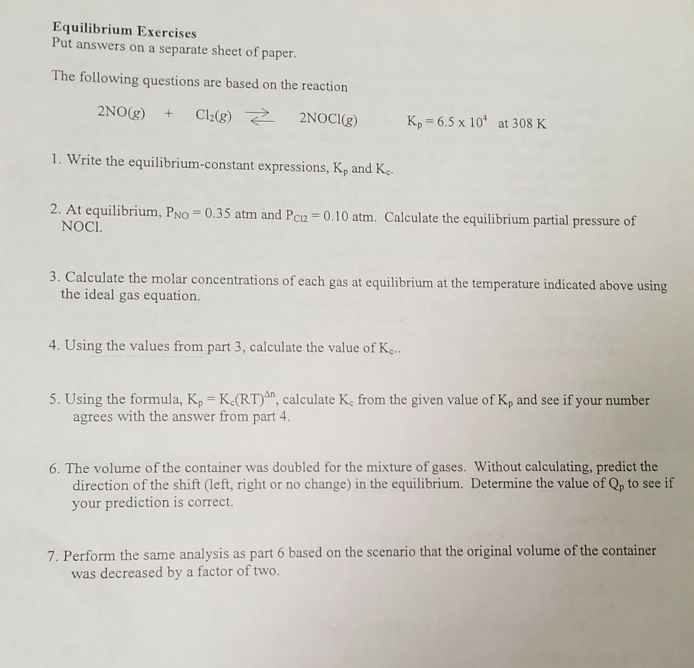 Solved Equilibrium Exercises Put answers on a separate sheet | Chegg.com