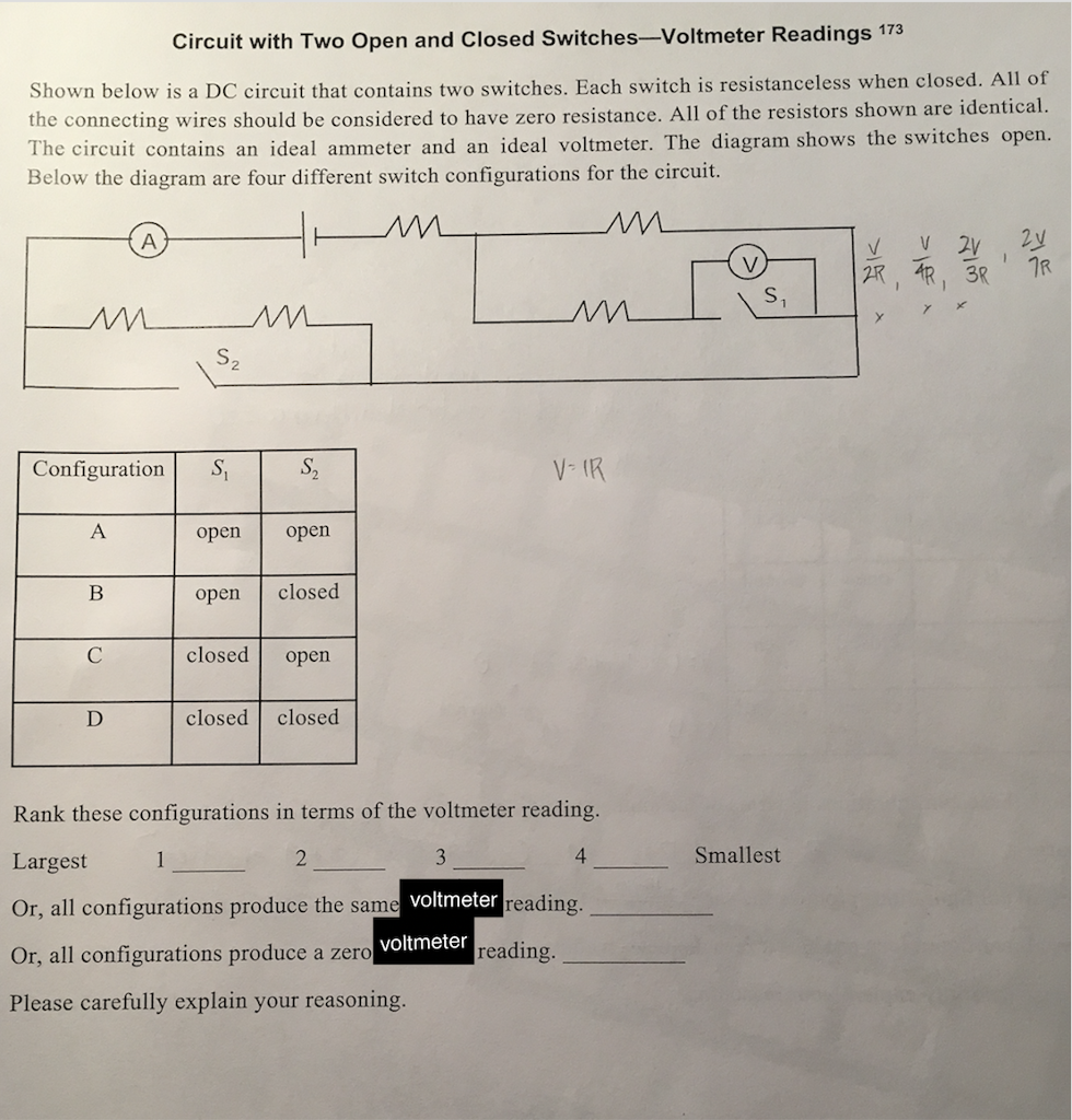 Solved Circuit with Two Open and Closed Switches-Voltmeter | Chegg.com