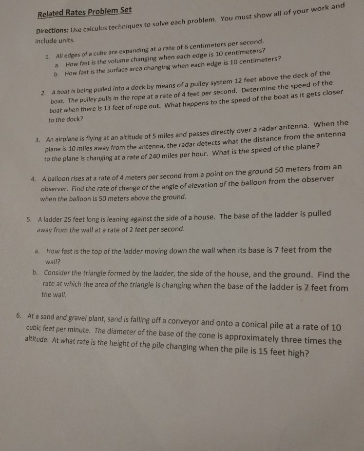 Solved Related Rates Problem Set Directions: Use calculus | Chegg.com