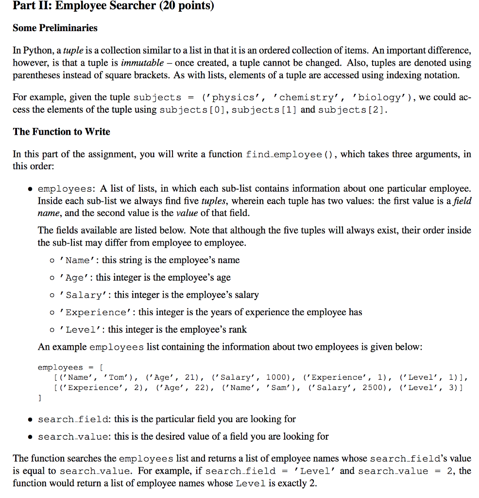 Solved Part II: Employee Searcher (20 points) Some | Chegg.com