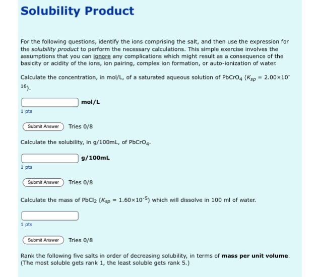 Solved Solubility Product For the following questions, | Chegg.com
