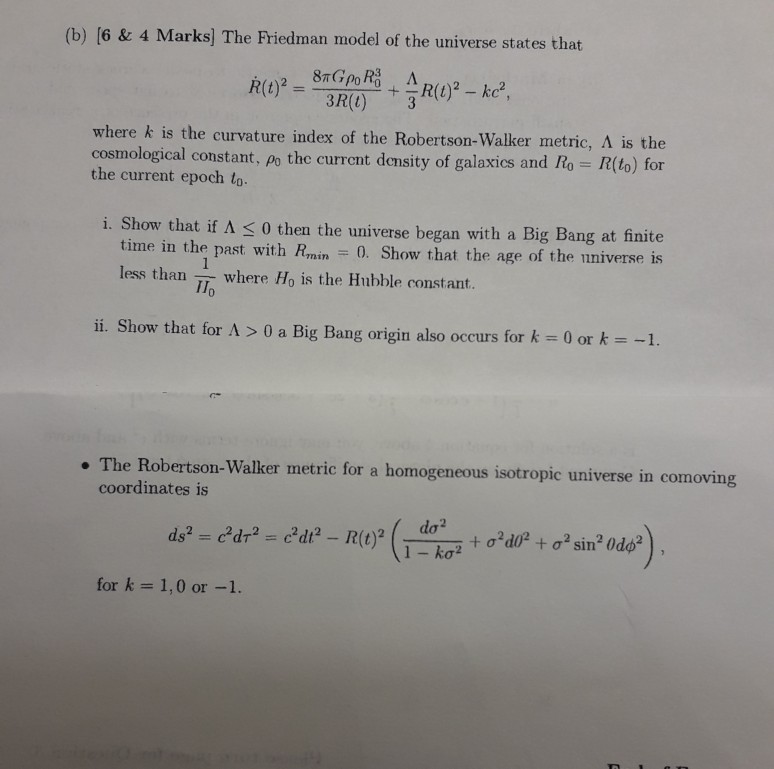 Solved (b) [6 & 4 Marks] The Friedman model of the universe | Chegg.com
